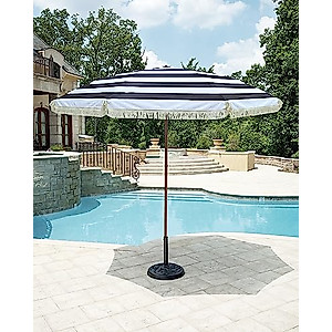 Bayside21 8ft Patio Umbrella with Fringe, 8' Outdoor Tassel Umbrella UPF50+, Push Button Tilt,1.25 inch dia. Steel Pole with Wood Grain Finish and 8 Ribs, Black Wide Stripe Design Umbrella Canopy