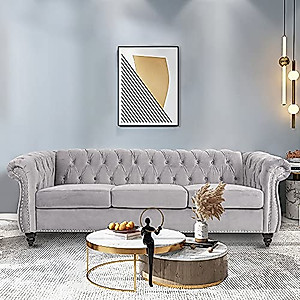 PHOYAL Large Sofa, Velvet Sofa Three-seat Sofa Classic Tufted Chesterfield Settee Sofa Modern 3 Seater Couch Furniture Tufted Back for Living Room (Grey)