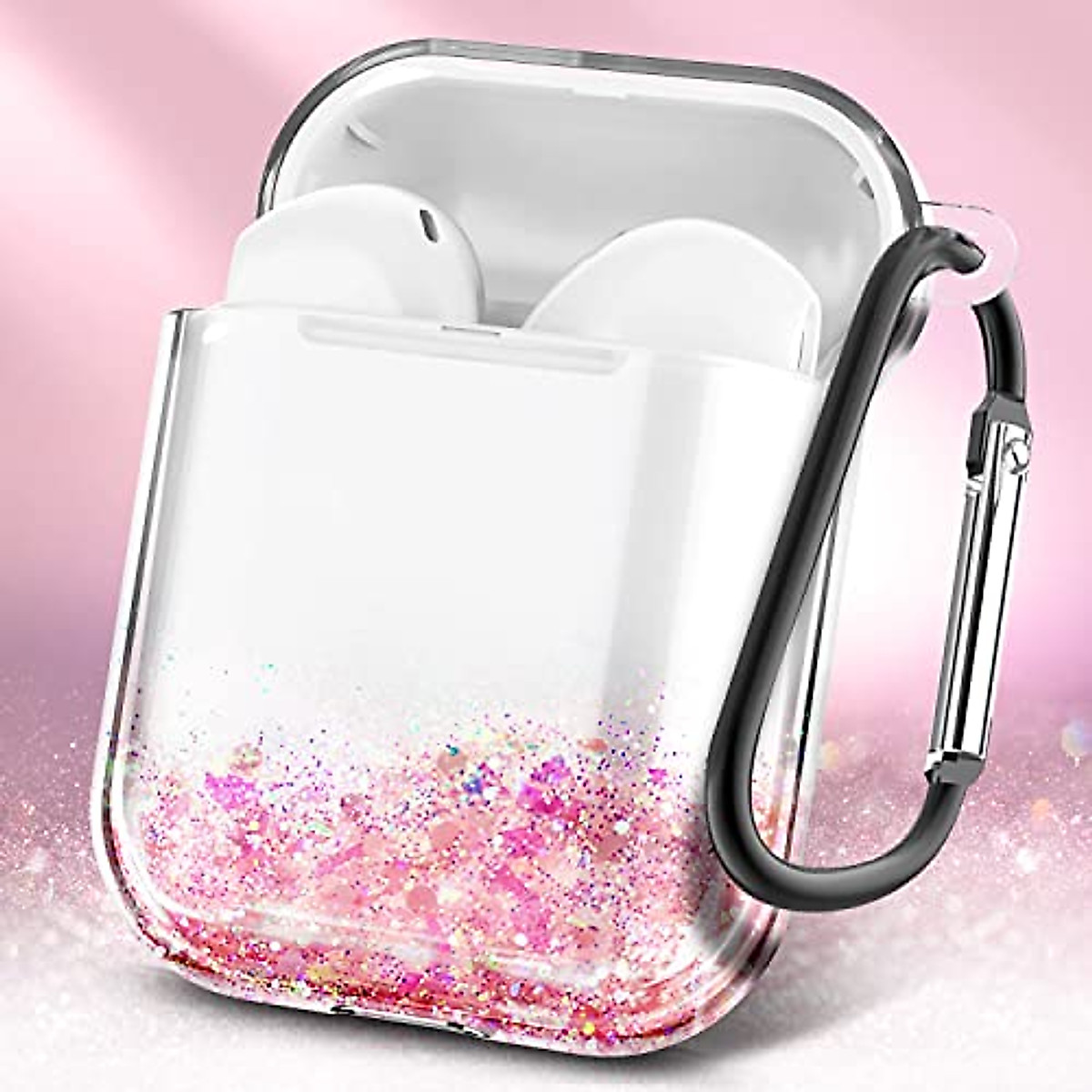 NZND Glitter Liquid Case Compatiable with Apple AirPods 1/2, Sparkle Flowing Floating Durable Girls Women Kids Cute Clear Hard Cover Carrying Case -Rose Gold