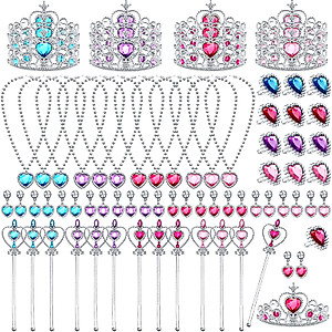 Chunyin 12 Princess Jewelry Toys Princess Pretend Play Set Princess Jewelry Party Favors Costume Jewelry for Girls Dress up Party Favors, Crown Wand Ring Earring Necklace, 4 Colors