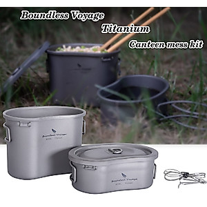 usharedo Boundless Voyage Titanium Camping Pots Set with Hanging Ring Ultralight Portable Bowl Picnic Cookware Titanium Canteen Mess kit for Outdoor Hiking Backpacking Mountaineering Ti15123B