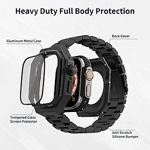 DGYSG Luxury Aluminum Case with Stainless Steel Band for Apple Watch Ultra / Ultra 2 Titanium 49mm, Rugged Metal Military Protective Cover Protector, Tactical Heavy Duty Protection for Men iWatch,