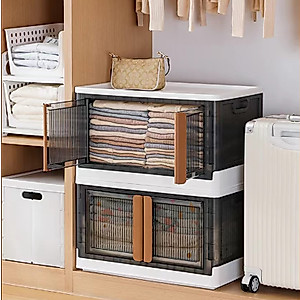 Aleiodvn Storage Bins with Lids,34 Quart Plastic Stackable Storage Boxes,Collapsible Wardrobe Closet Organizer with Wheels and Door,Clear Black Storage,Trunk Organizer, Dorm Room Essentials -3 Pack