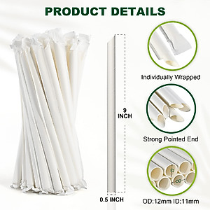 Chunspak 9 Inch Individually Wrapped Disposable White Paper Boba Straws, Bubble Tea Straws 100 Counts, 0.5"/12mm Wide - Pointed End, Extra Thick, Fat - Eco-friendly Biodegradable