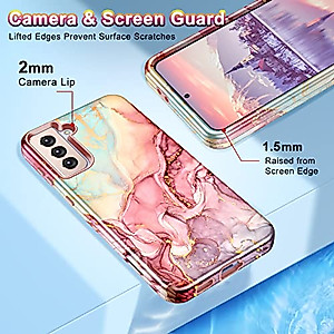 Btscase for Samsung S21 FE 5G 2022 Case, Marble Pattern 3 in 1 Heavy Duty Shockproof Full Body Rugged Hard PC+Soft Silicone Drop Protective Women Girl Cover for Samsung Galaxy S21 FE 5G, Rose Gold