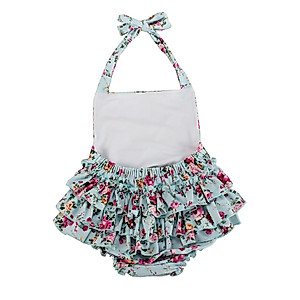 China Rose 50's Floral Ruffles Rompers Backless Dress Bathing Suit Swimwear (0-12 Months, Light Blue)