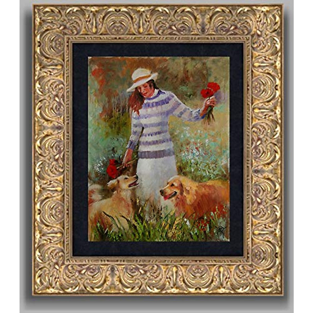(SOLD) The Puppies and Poppies - female figure and Golden Retrievers by internationally renown painter Yary Dluhos