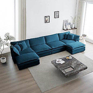 FANYE 146.5" Modern U Shaped Reversible Chaises Sectional Deep Seat Sofa & Couch with Movable Ottomans,Oversized Modular Sleeper Upholstered Furniture for Living Room, Apartment, Studio, Office, Blue