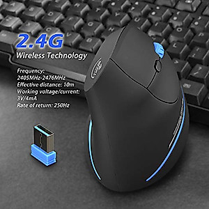 ZLOT Vertical Wireless Mouse,2.4G USB Optical Ergonomic Mice with 3 Adjustable DPI 1000/1600/2400 and 6 Buttons for Laptop, PC, Computer, Desktop, Black