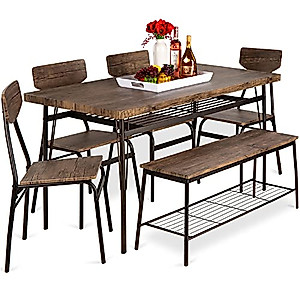 Best Choice Products 6-Piece 55in Modern Dining Set for Home, Kitchen, Dining Room w/Storage Racks, Rectangular Table, Bench, 4 Chairs, Steel Frame - Brown
