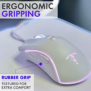 Tilted Nation White Gaming Mouse Wired, LED RGB Mouse for PC Gamers w/Lightweight Paracord Cable USB, 7 Programmable Buttons, Ergonomic Side Grips, 10K DPI, Mechanical Switches - White Mouse