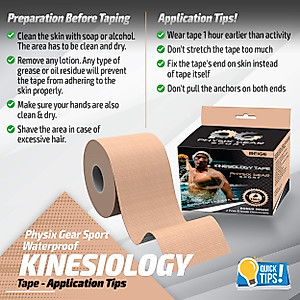Physix Gear Kinesiology Tape Pro - Waterproof Physio Sports Tape for Pain & Injuries, Pregnancy, Muscle, Knee, Joint Support, Swelling, Strain Relief, Enhanced Blood Circulation (Beige, 1 Roll)