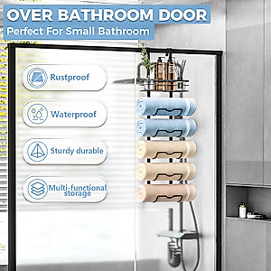 Xstydes 6-Tier Over The Door Towel Rack,Towel Racks for Bathroom, Metal Towel Holder with Storage Basket,Towel Storage for Small Bathroom,Towel Rack for Rolled Towels,Black