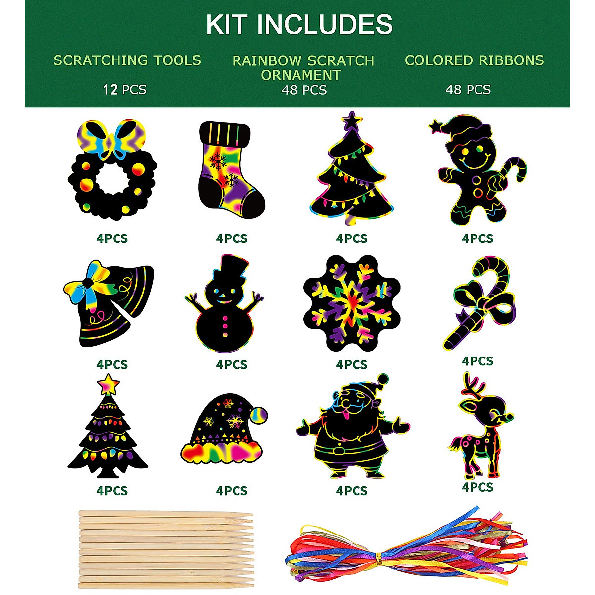 FINGOOO Scratch Art for Kids,48 Christmas Rainbow Scratch Paper Art Set with 12 Wooden Stylus Xmas Craft Decor