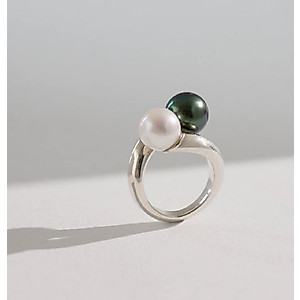 HUKQBUNX 925 Sterling Silver Two Natural Pearls CZ Black Pearl White Pearl Women's Precious Wedding Engagement Couple Party Ring