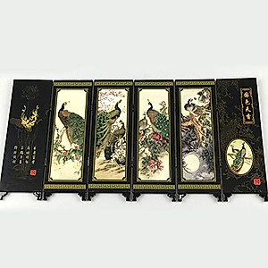 Luwsldirr Wooden 10 pcs 6-Panel Peacock Screen Room Divider Folding Partition Gift Desktop Decor - Black