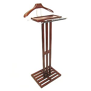 Proman Products Kyoto Suit Valet Stand VL36220 with Large Top Tray, Contour Hanger, Trouser Bar, Tie & Belt Hooks, 17” W x 12.5”D x 45”H, Mahogany