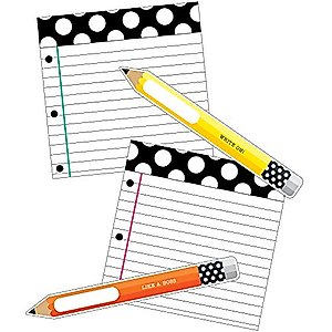 Schoolgirl Style Black, White & Stylish Brights 12 Piece Pencil and Paper Bulletin Board Cutouts, Pencil and Paper Bulletin Board Decorations and Classroom Décor