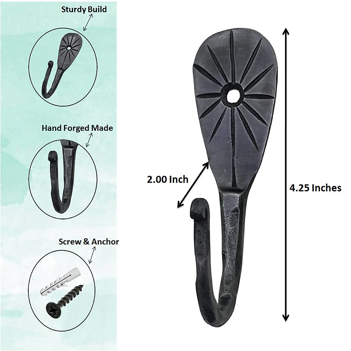 Hand Forged Metal Hook Wrought Iron Wall Coat Hook Blacksmith Metal Wall Hooks Rack Handmade Rustic Wall Hook Home Classic Look Black Antique Finish Wall Hooks by Living Ideas