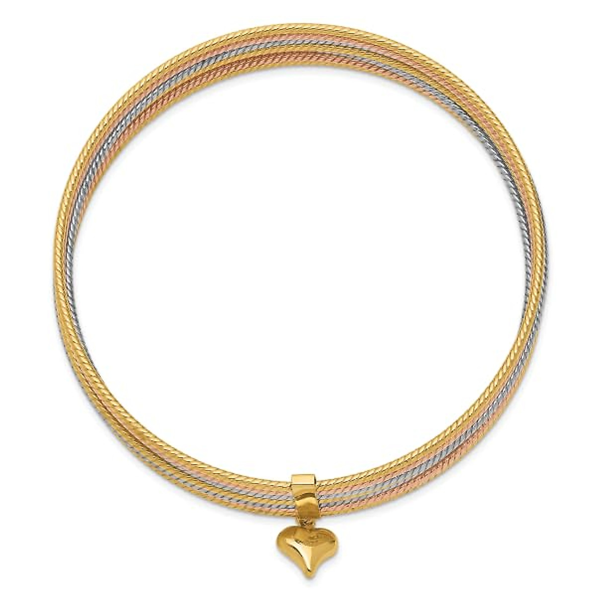 IceCarats 14K Dangling Heart Love Tri Color Gold Set of 7 Slip On Bangle Bracelet