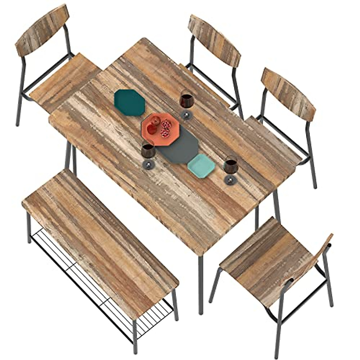 STHOUYN 6 Piece Dining Table Set, Kitchen Table and Chairs for 6, Dining Room Dinner Table Set w/Storage Rack for Home, Apt, 4 Chairs, Bench, Small Space (Retro Brown (6 Piece))
