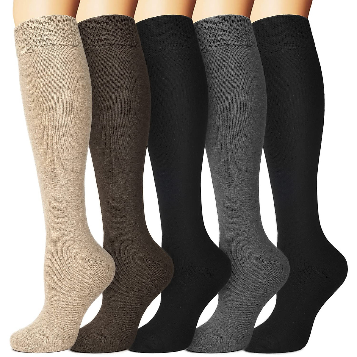 we fleece Warm Knee High Socks for Women-Thermal Cotton Socks for Hiking,Work,Winter,Gifts(One Size, 5Pack Black/Grey/Brown/Beige/Black)
