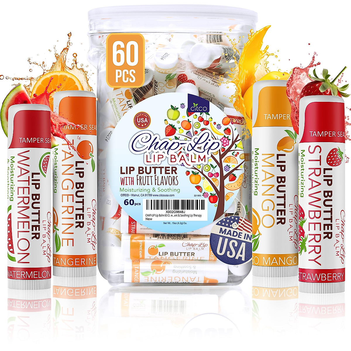 CHAP-LIP Lip Balm Lip Butter with Fruit Flavors, Cocoa Butter, Coconut Oil Moisturizing Vitamin E & Total Hydration Treatment & Soothing Lip Therapy 60 Ct. Made in USA