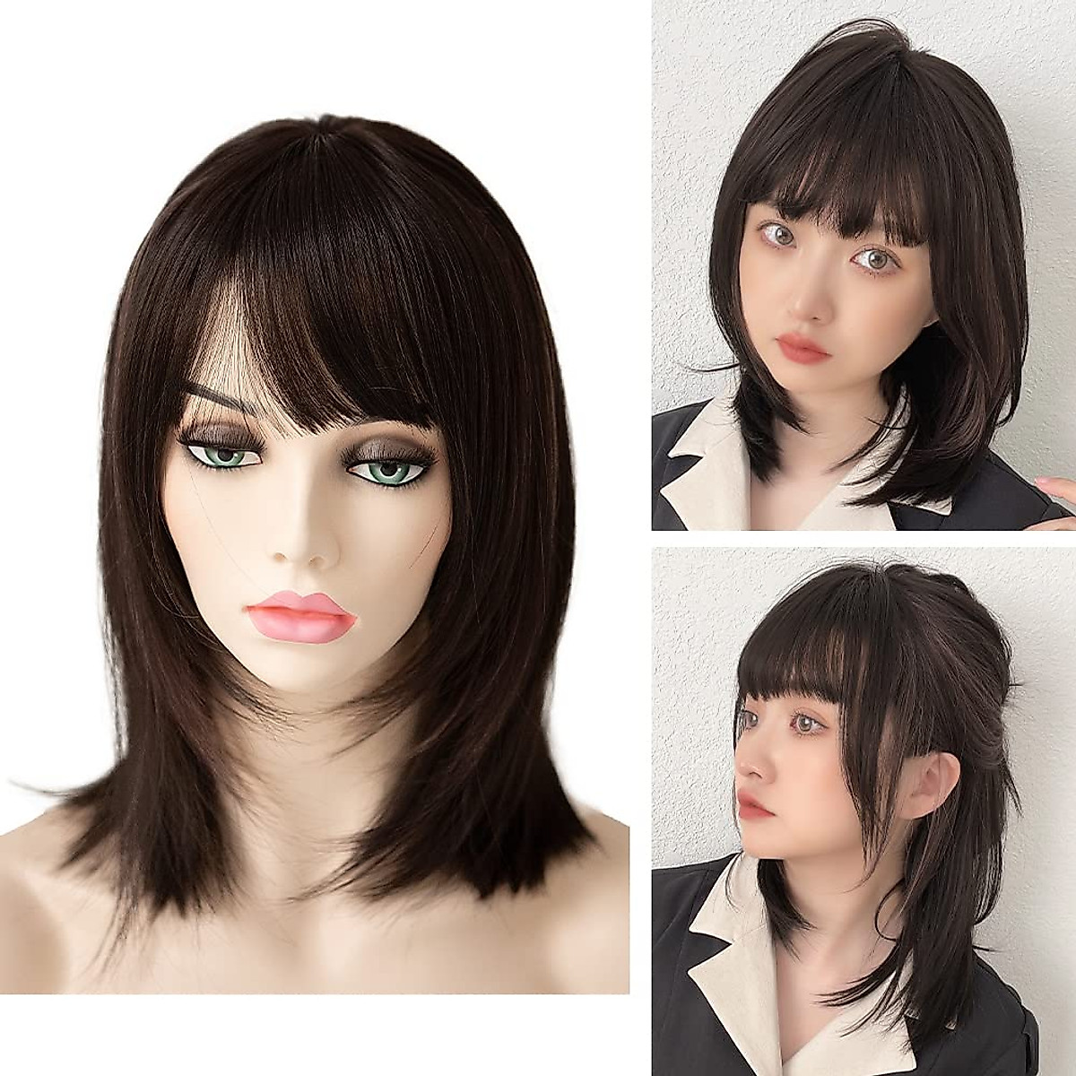 BRIGHT LELE Natural Full Medium Straight Hair With Natural Bang Layered cut with Wigs for Women Synthetic Stright Hair Wig for Daily Party Cosplay Wig HF1420-TR/M