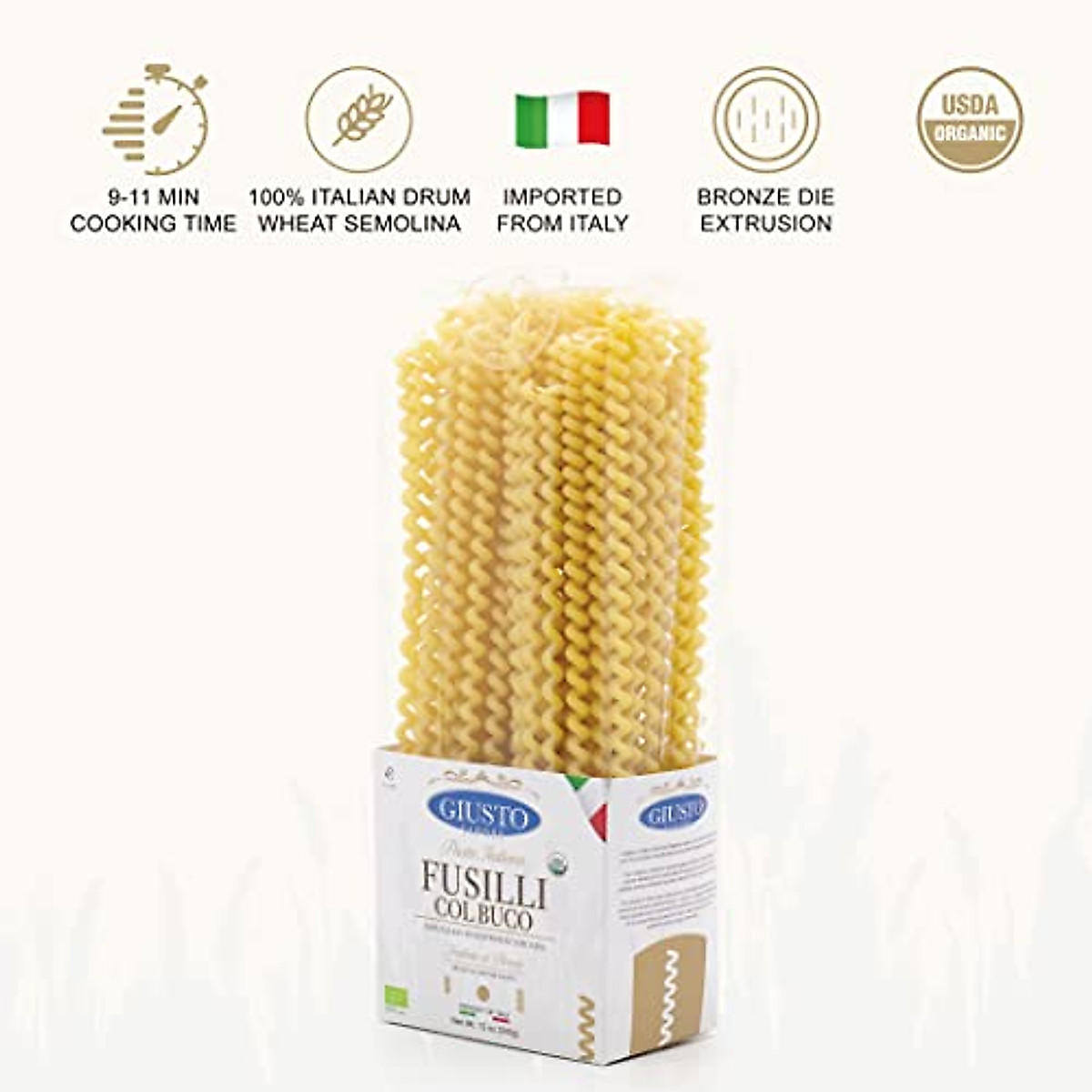 Giusto Sapore Imported Artisanal Fusilli Col Buco Italian Pasta, Organic Bronze Drawn, 340G