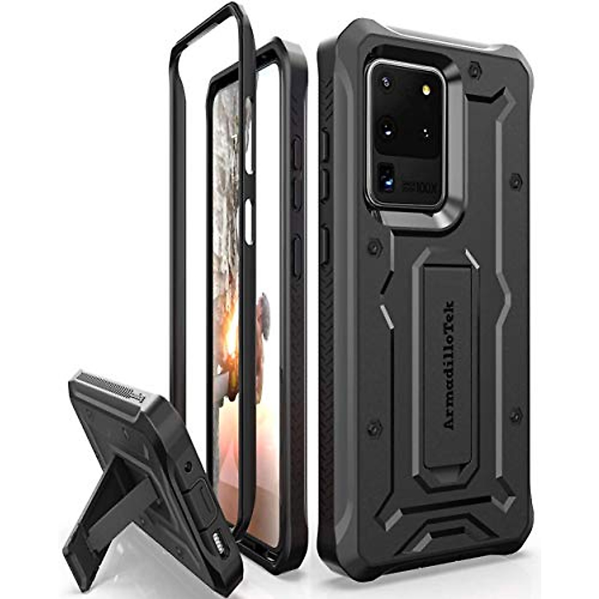 ArmadilloTek Vanguard Case Compatible with Samsung Galaxy S20 Ultra (6.9 inches) Military Grade Full-Body Rugged with Built-in Kickstand [Screenless Version] - Black