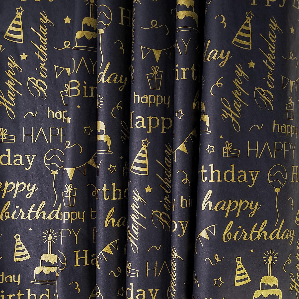 MR FIVE Large Black Gold Birthday Tissue Paper Bulk,20" x 28",Black with Gold Happy Birthday Design Tissue Paper for Gift Bags,Black Gold Happy Birthday Tissue Paper for Birthday Party,30 Sheets