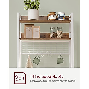 VASAGLE Hutch Bakers Rack with Power Outlet, 14 Hooks Microwave Stand, Adjustable Coffee Bar with Metal Wire Panel, Kitchen Storage Shelf, 15.7 x 23.6 x 66.9 Inches, Rustic Walnut and White UKKS037W41