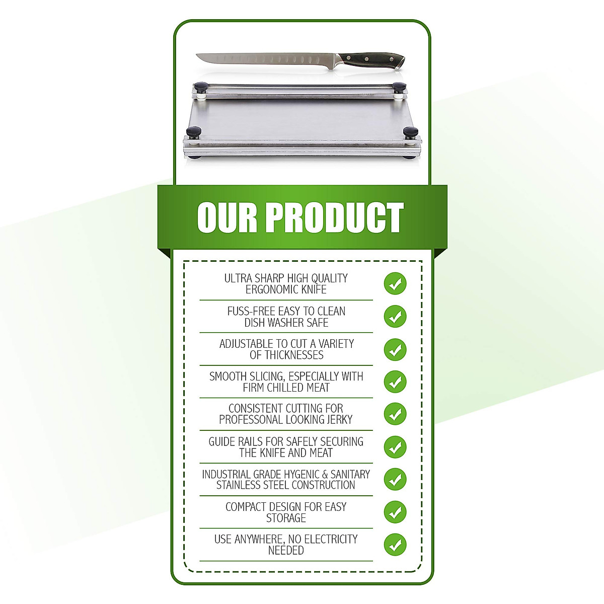 Jerky Maker Cutting Board With Professional Slicing and Carving Knife 8oz Pack of Seasoning and How to Book (1)