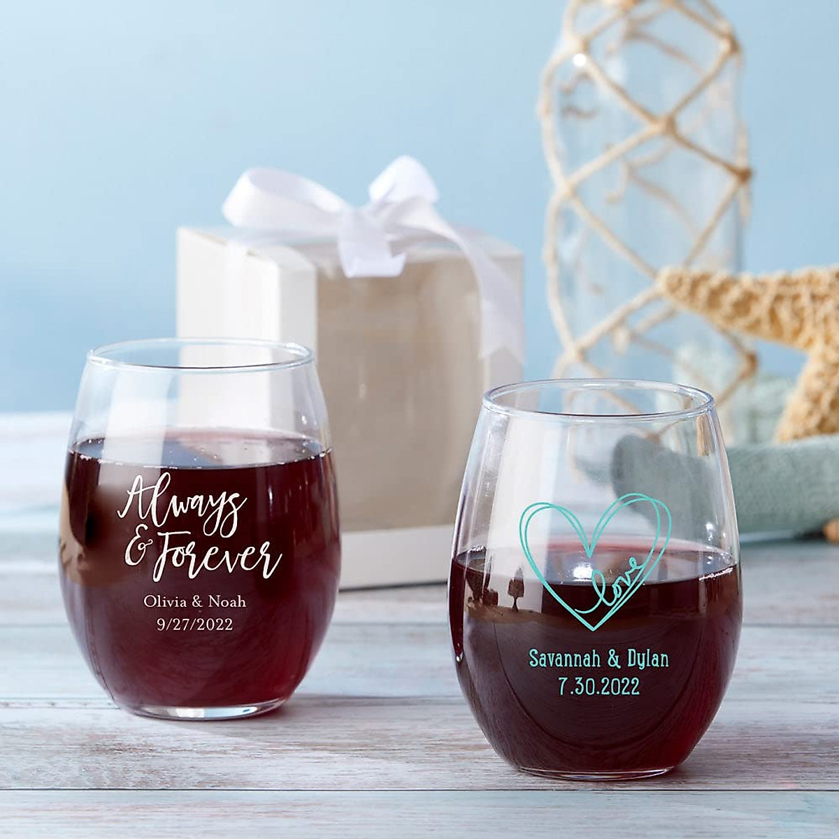 Kate Aspen 9 oz. Personalized Stemless Wine Glass - 36pcs/Silver - Custom Wedding Favors and Bridal Shower Party Favors with Customized Designs Text Lines