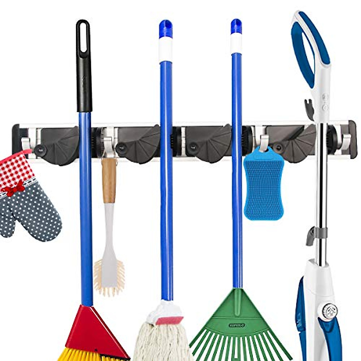 Mop Broom Holder Wall Mount, Metal Broom Organizer Storage Rooms Garage Garden Kitchen Tool Clean Tools Organizer Non-slip Wall Hanger(4 Adjustable Slots & 4 Hooks, Black)