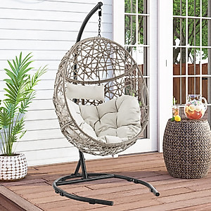 Ulax Furniture Egg Chair, Hanging Swing Chair with Stand, Outdoor Patio Wicker Tear Drop Hammock Chair with Cushion (Beige)