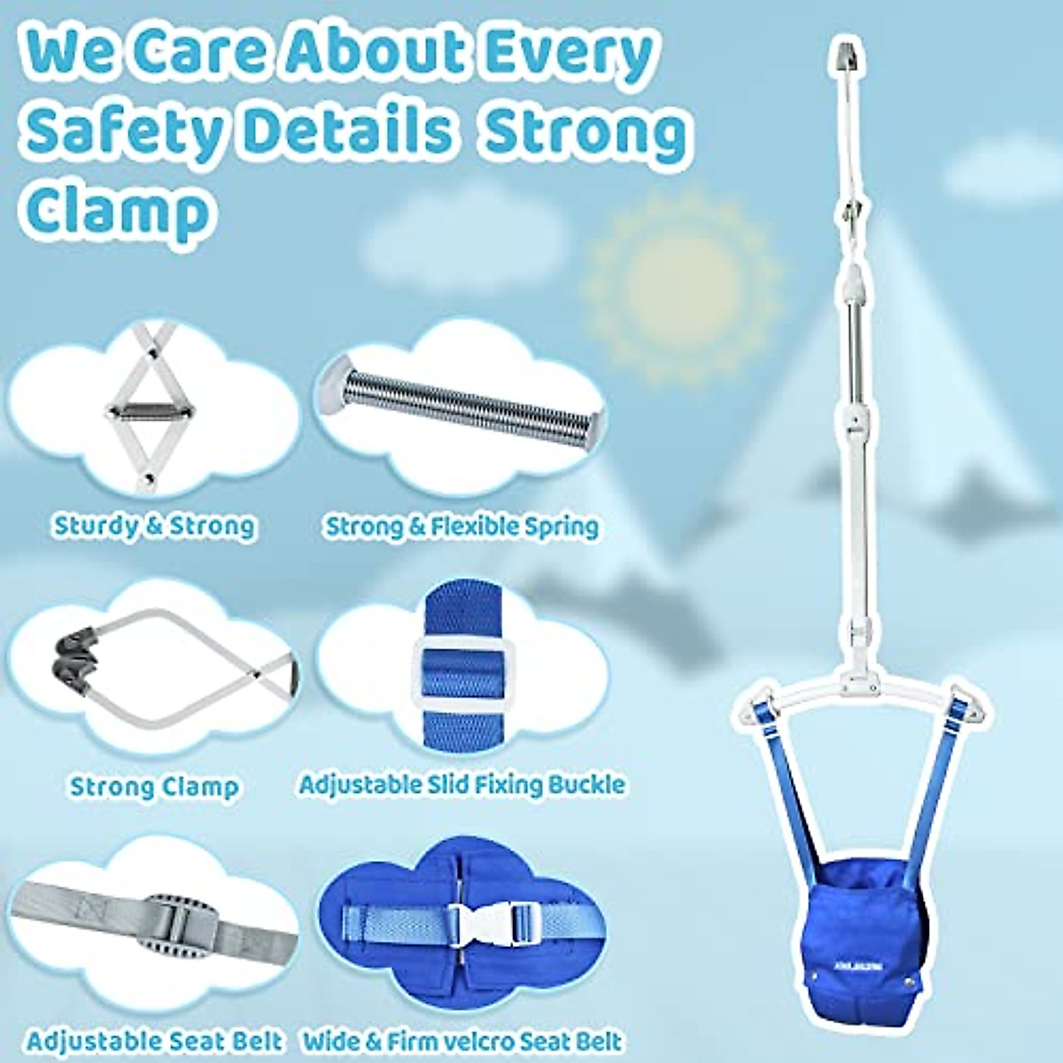 Baby Jumper, Baby Doorway Jumper w/Sturdy Adjustable Strap, Jumper for 6-24 Months Infant with Door Clamp is Portable and Easy to Use(Blue)