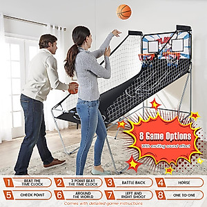 Goplus Foldable Dual Shot Basketball Arcade Game, Basketball Hoop Game w/Electronic Scoring, 8 Game Modes, 4 Balls, Indoor Outdoor Electronic Basketball Game Machine for Kids Adults (White+Blue)
