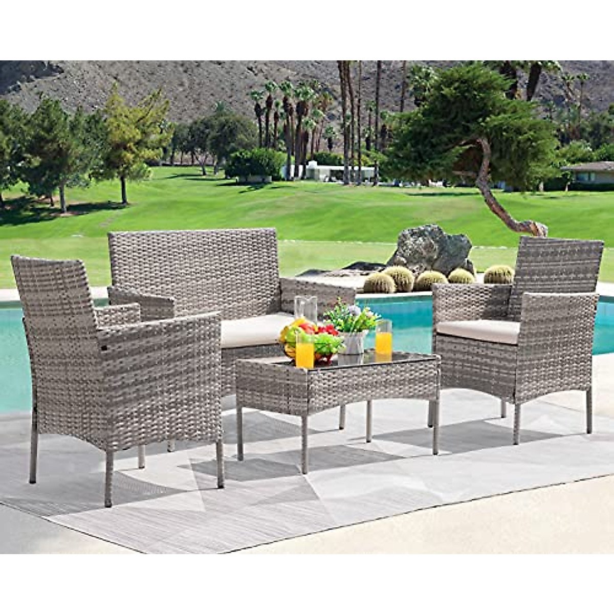 Greesum Patio Furniture 4 Pieces Conversation Sets Outdoor Wickerr Rattan Chairs Garden Backyard Balcony Porch Poolside loveseat with Soft Cushion and Glass Table, Gray and Beige