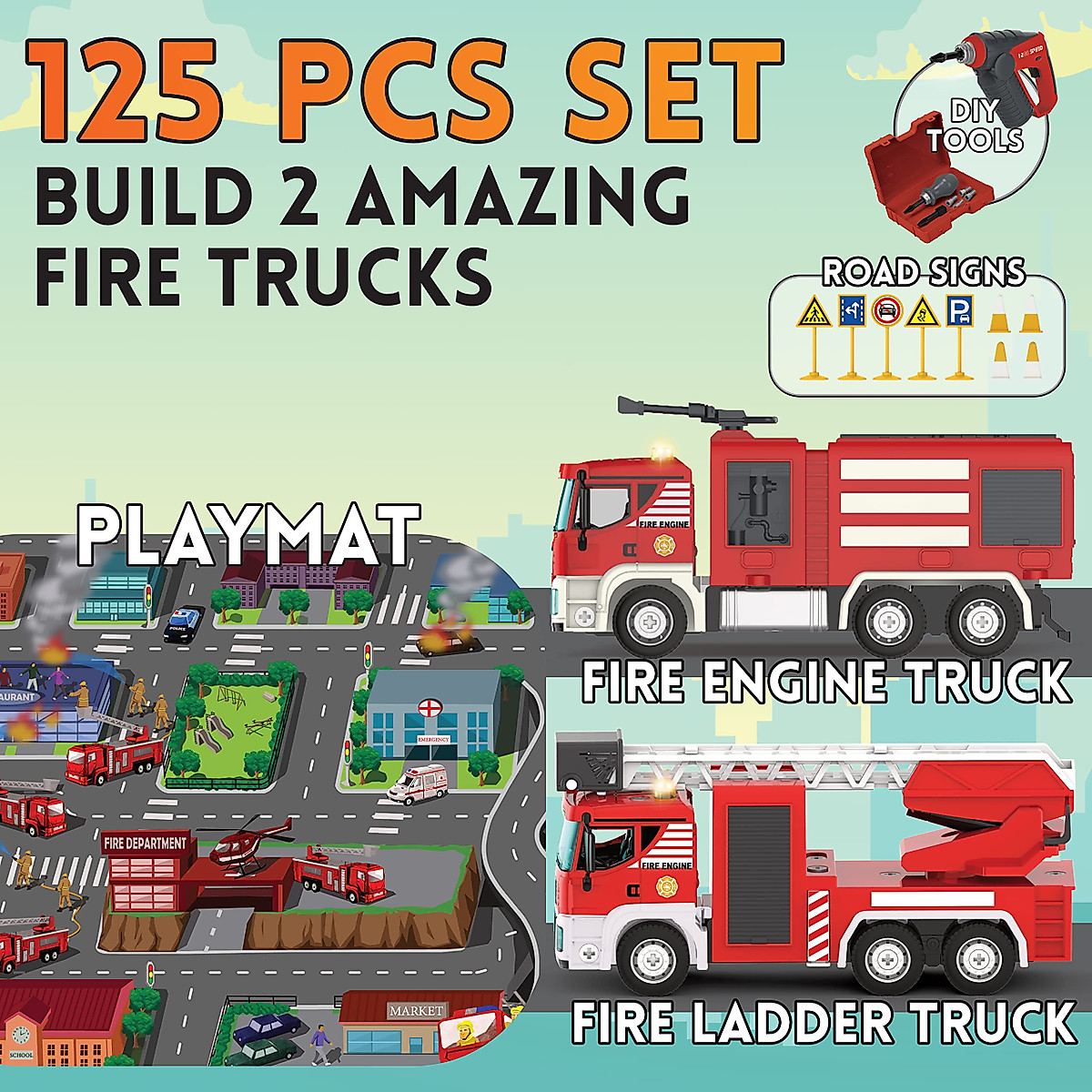 Take Apart Fire Truck Toy - 125 Pcs 2-in-1 STEM Building Kit Toy w/Drill - DIY Friction Power Firefighter Toy Building Set for Kids w/Light & Sounds, Boys & Girls, Ages 4 5 6 7 8 Years Old