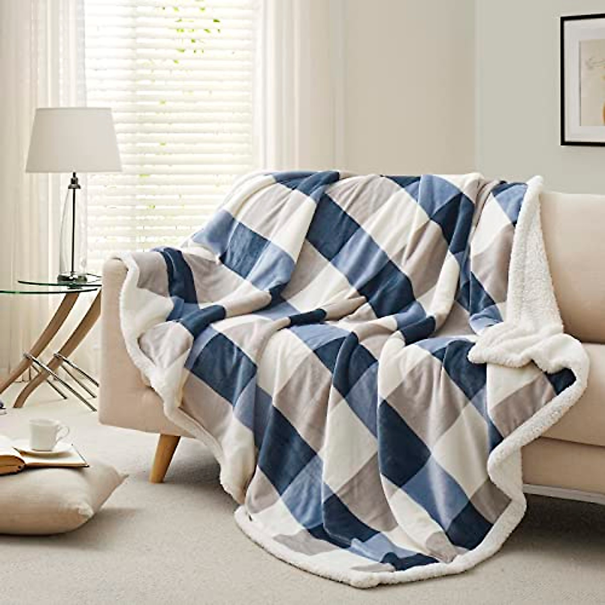 Gracelife Sherpa Throw Blanket 60”x80”, Plaid Warm Cozy Throw Blankets for Sofa, Couch, Bed, Reversible Throws Fluffy Plush Flannel Fleece Blankets and Throws for Adults Women Men, Gray-Soft Blue