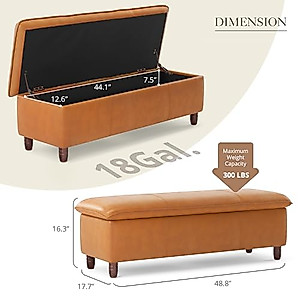 LUE BONA Storage Ottoman Bench, 49" Brown Faux Leather Storage End of Bed Bench, Modern Upholstered Window Bench with Thicker Seat/Nailhead Trim/Safety Hinge for Bedroom, Living Room, 300LB