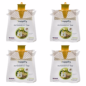 Trappify Fly Trap Bag Pre-Baited Disposable: Outdoor Hanging Wasp Traps, Fly Swatter, Fly Catcher, Waterproof, Attracts Various Flies (4 Pack)