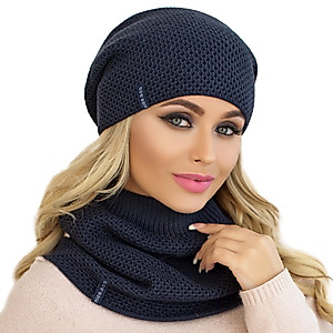Braxton Hats Scarf Set Women - Knit Dark Royal Blue Slouchy Navy Beanie Neck Warmer - Wool Fleece Cap Scarfs