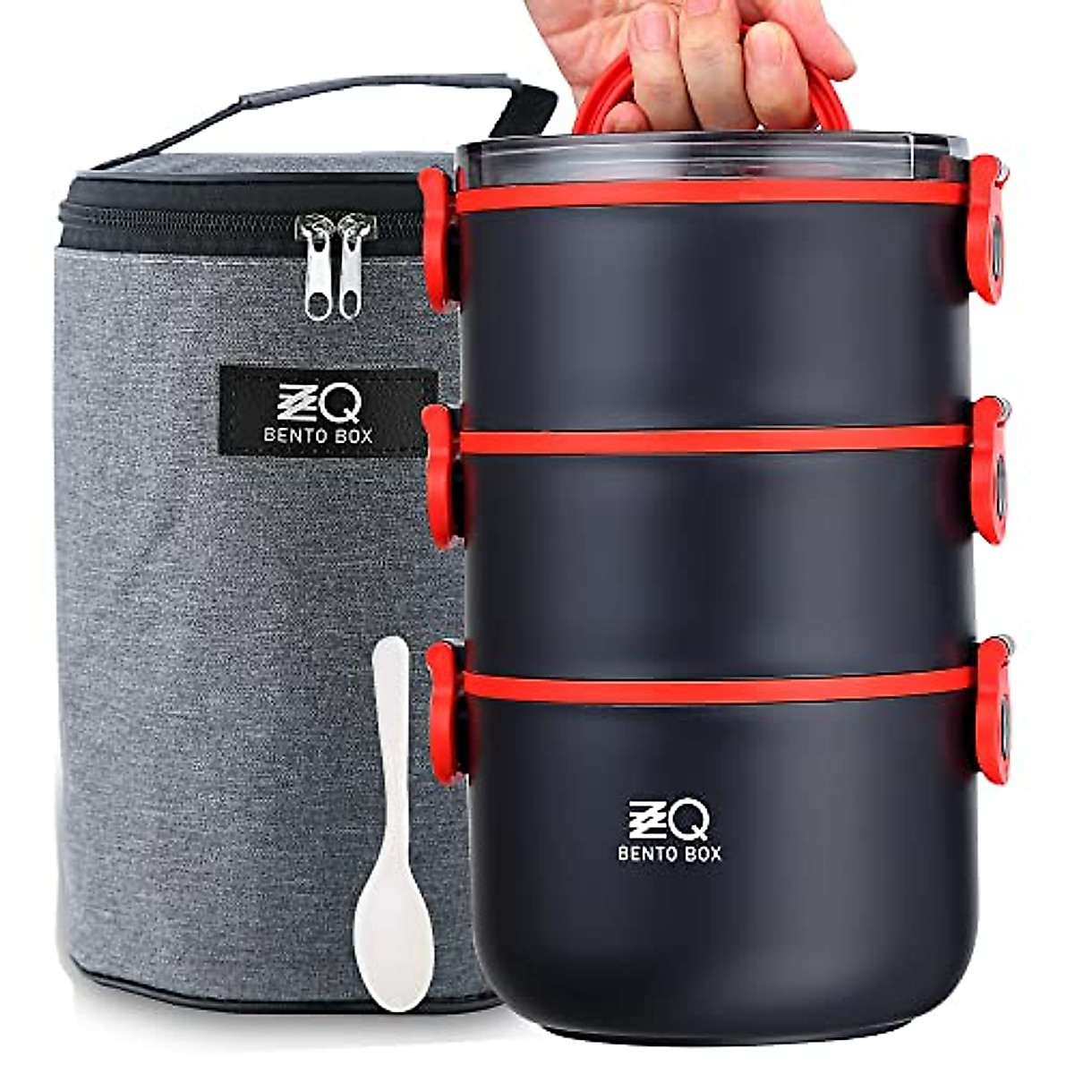 ZZQ Bento Box Adult Lunch Box with Bag/Utensil, Stackable Large 81-oz Salad Bowl - Microwave Safe/Leak-Proof Bpa Free Lunch Containers for On-the-Go Balanced Eating - Black