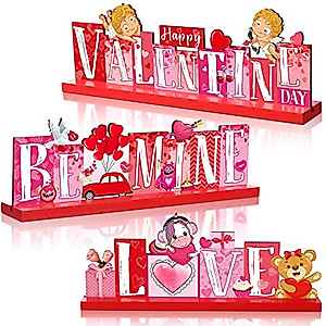 3 Pieces Valentines Table Decoration Love Table Centerpiece Sign Be Mine Heart Wooden Sign Valentine Day Gift for Wedding Anniversary Dining Room Romantic Decor Party Supplies