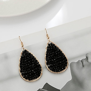 Winssigma Turquoise Teardrop Earrings, Boho Colorful Beads Gold Hoop Earrings for Women Bohemian Jewelry(Teardrop Black Crystal)