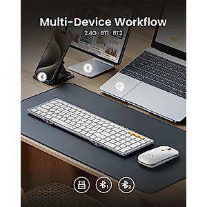 ProtoArc Foldable Keyboard and Mouse, XKM01 True Full-Size Folding Keyboard Mouse Combo for Business and Travel, 2.4G+Dual Bluetooth Portable Mouse Keyboard for Laptop iPads Tablets - White