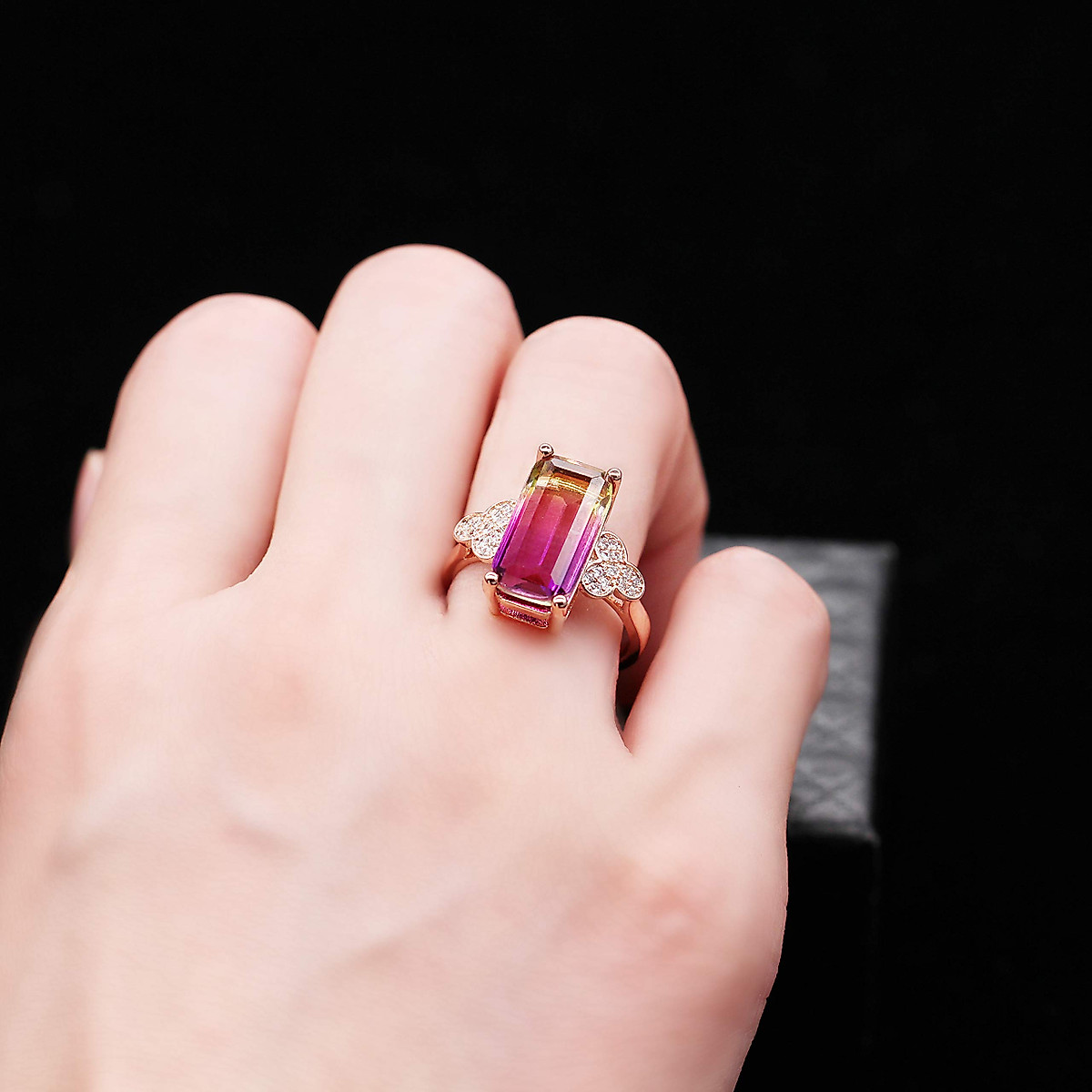 Uloveido Created Tourmaline Gemstone Rings18k Rose Gold Plated Ring with Big Rectangle Stone (size 6) RJ400