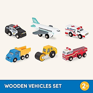Battat – Miniature Toy Cars – 6Pcs Wooden Minis – Classic Rescue & Construction Vehicles – Steamroller, Dump Truck – 3 Years + – Wooden Vehicles Set 2